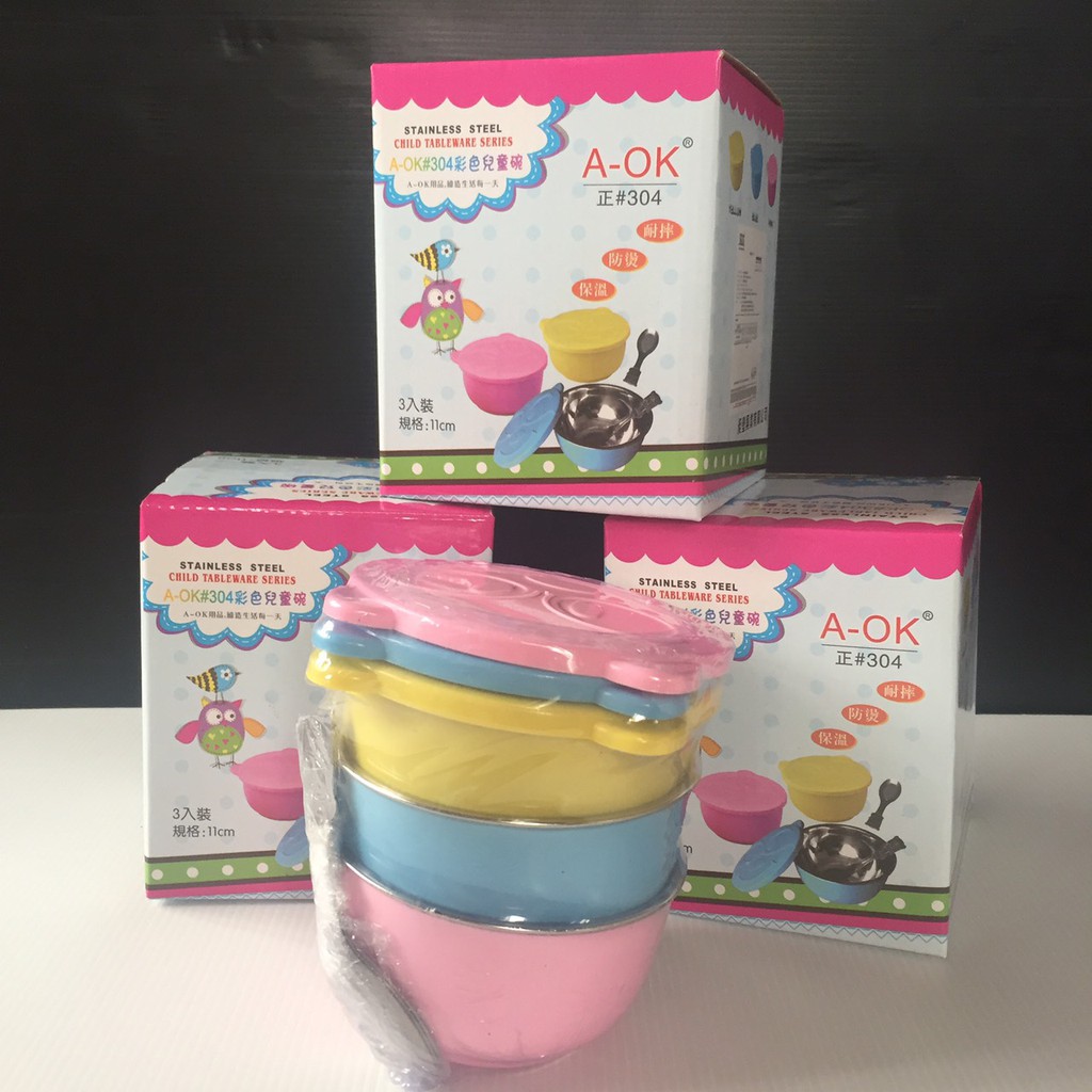 現貨 A-OK 304不鏽鋼彩色兒童碗組 304馬卡龍兒童隔熱碗組（3入、附蓋、湯匙） | 蝦皮購物
