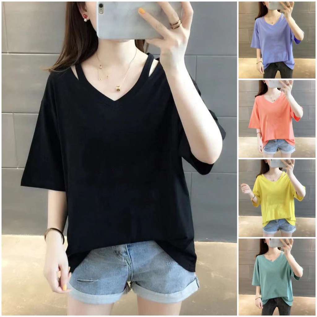 小櫻桃M-4XL 短袖T恤女 胖MM寬松顯瘦 素色 V領 加大尺碼女裝 學生 夏季 減齡 大尺碼上衣 | 蝦皮購物
