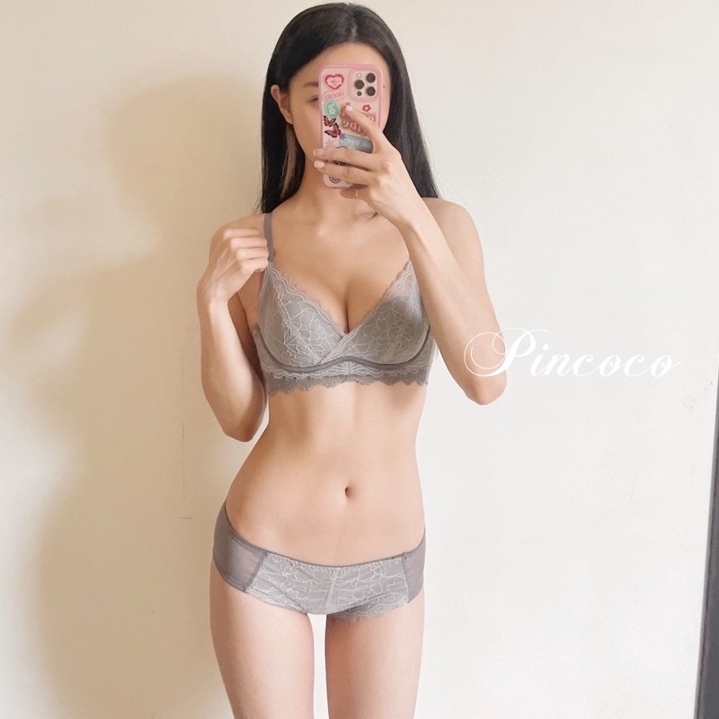 Pincoco 現貨 台灣出貨 性感簡約幾何蕾絲超舒適雲朵內墊集中無鋼圈內衣+內褲組 SAN065 | 蝦皮購物
