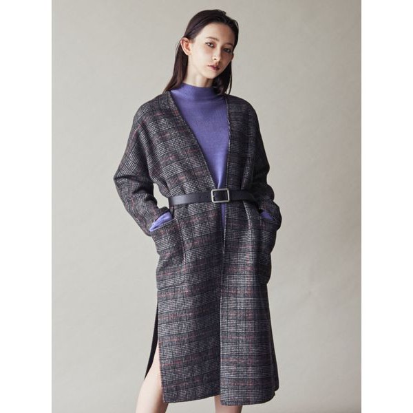 日本品牌 EMODA (エモダ) 全新專櫃商品 黑色 格子 雙面可穿 混毛尼 長板 薄款 保暖大衣 無付腰帶 現貨 | 蝦皮購物