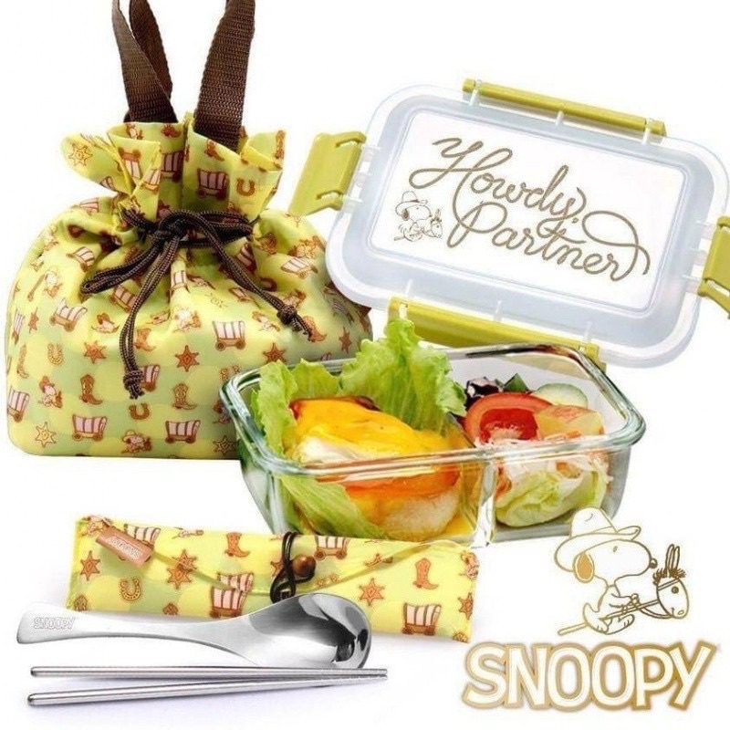 🔥快速出貨🔥史努比 正版 SNOOPY 酷仔 耐熱 分隔 玻璃 保鮮盒 提袋餐具組 便當盒 附餐具 830ml | 蝦皮購物