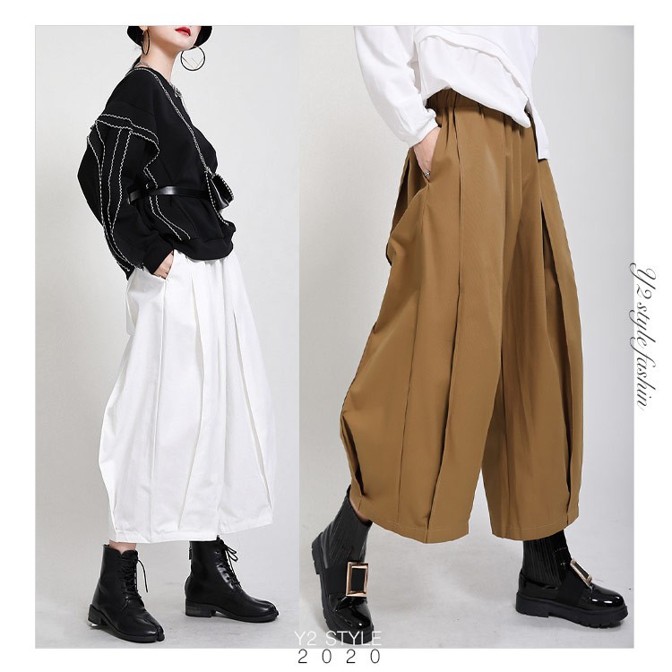 Y2 style ️y設計感鬆緊腰抓皺九分寬褲 ️Y2style歐美設計款寬鬆中大尺碼【Y1C1018】 | 蝦皮購物