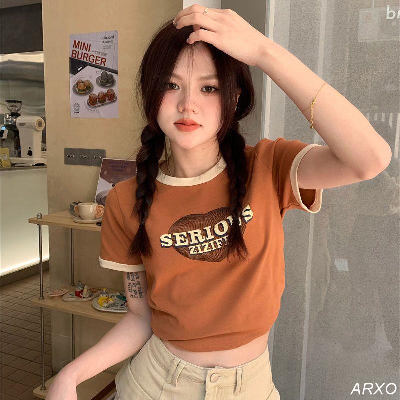 ARXO 女生上衣 辣妹穿搭短款撞色顯瘦打底衫小上衣夏季新款女裝愛心短袖修身T恤 | 蝦皮購物