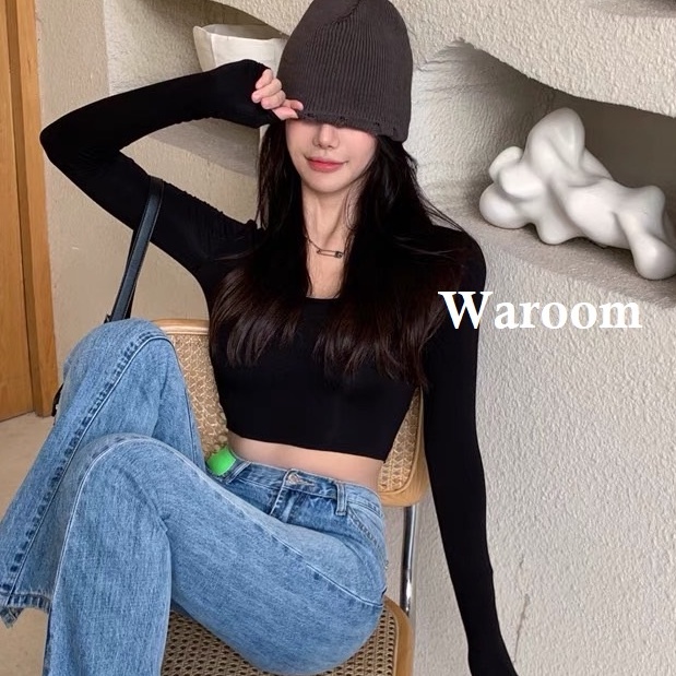 Waroom|雙11優惠 A526 初秋韓系帶胸墊短版長袖上衣|女裝|免穿內衣|打底衫|長袖T恤|露臍|辣妹|短款上衣 | 蝦皮購物