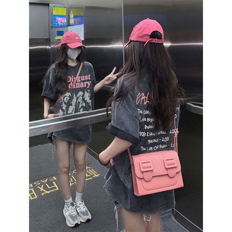 CHAOO T恤 水洗做舊 美式復古 oversize 短袖t恤女 下半身失蹤 ins 抽繩 露腰上衣 情侶裝衣服 辣妹 | 蝦皮購物