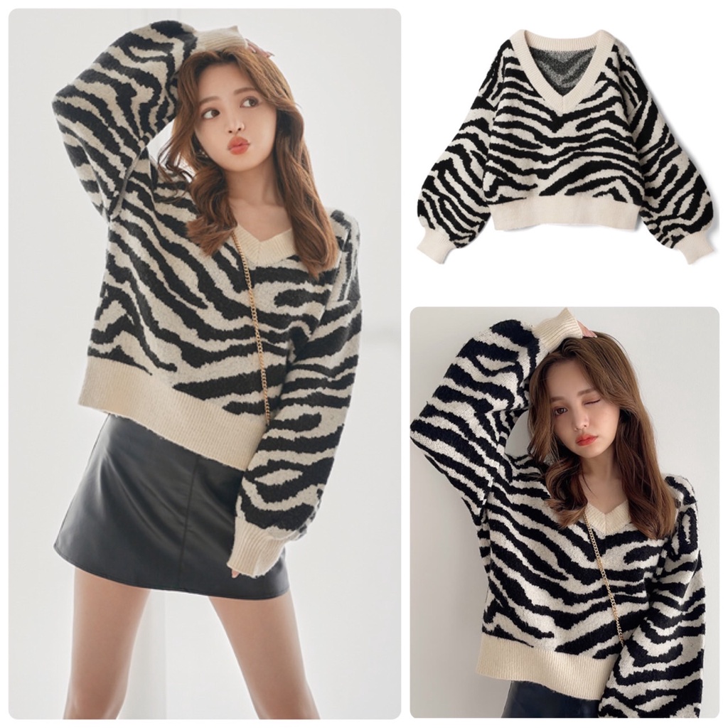 日本代購 花露米。花rumi in JP 日本知名品牌 GRL 官網正貨 斑馬 斑馬紋 短版 澎袖 V領 上衣 毛衣 | 蝦皮購物