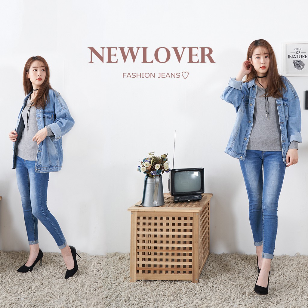 窄管褲NEWLOVER【161-6462】鬆緊腰刷破抽鬚窄管褲S-2L | 蝦皮購物