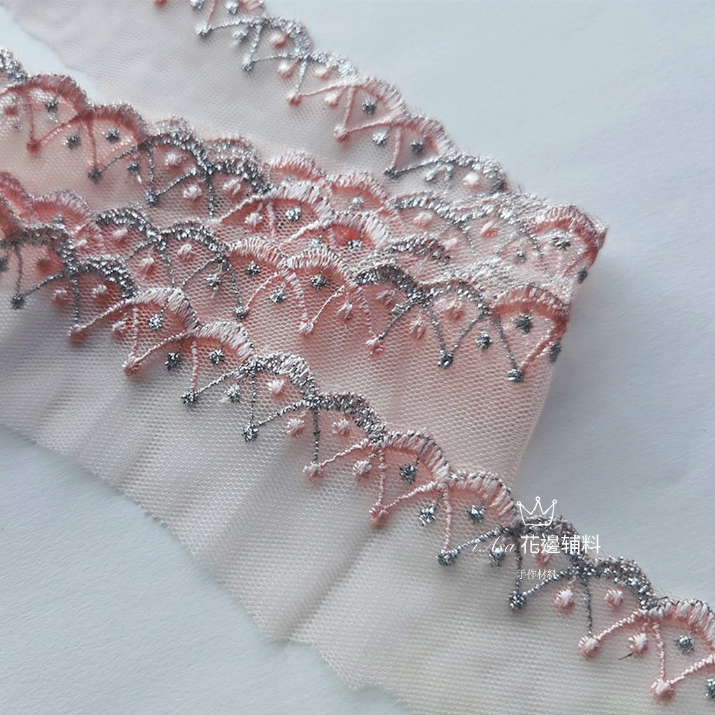 《iAsa愛莎の》手作材料 粉色幻彩銀絲花朵刺繡網紗lolita娃衣裙邊服裝材料寬4.5cm | 蝦皮購物
