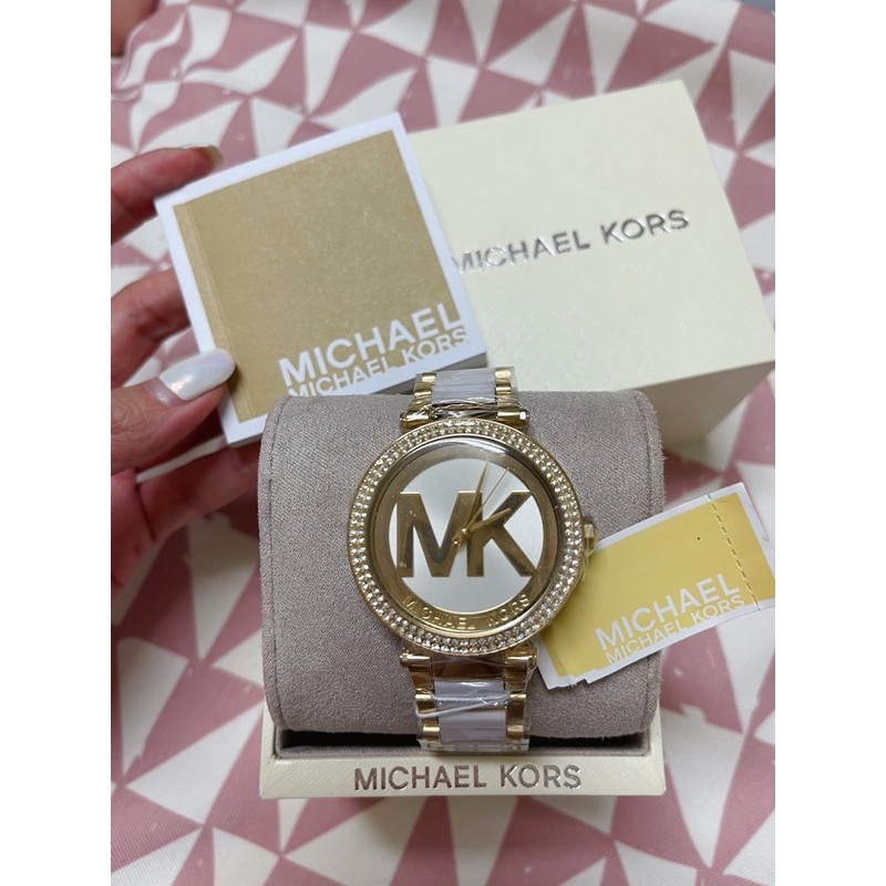 全新Michael Kors MK6313 石英女錶 雙圈白鑽大錶盤 白金面拼陶瓷錶鏈 潮流大LOGO | 蝦皮購物
