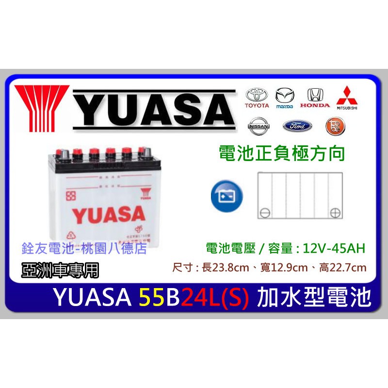 +桃園電池-銓友電池 YUASA 55B24LS 加水保養型汽車電池 TX3/TX5/諾貝爾/全壘打 裕隆 豐田 | 蝦皮購物