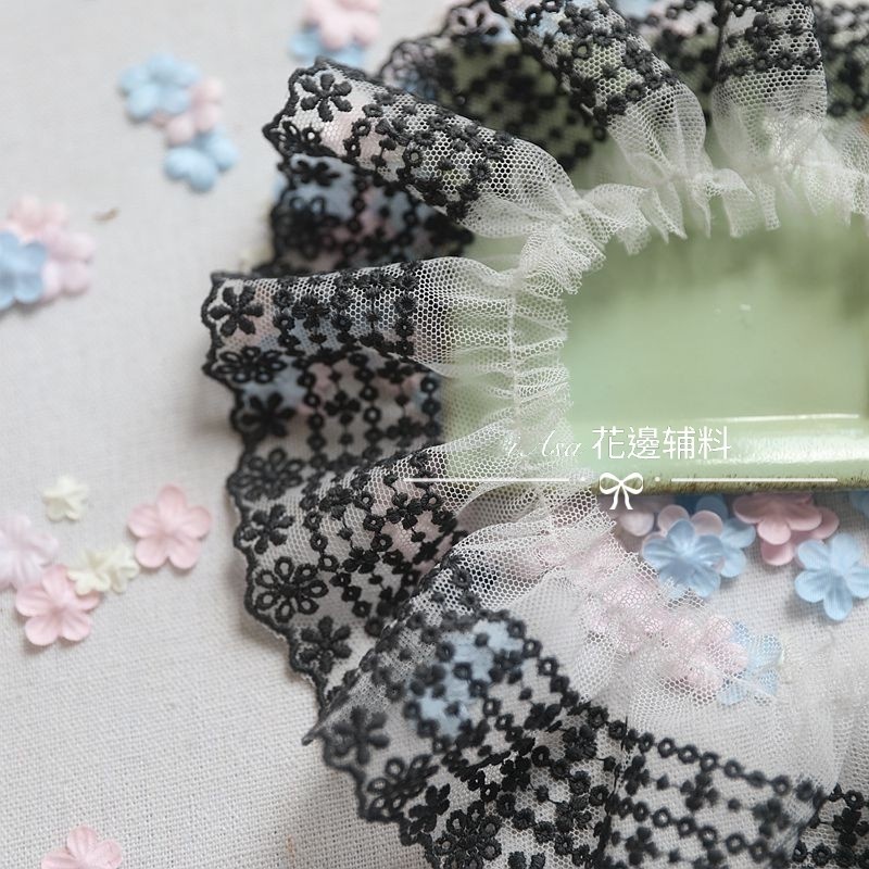 《iAsa愛莎の》DIY手作材料 長45cm白繡黑網紗刺繡蕾絲皺褶花邊花邊*寬7cm童裝服裝拼接輔料 | 蝦皮購物