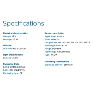 飛利浦 Vision W1.2W T5 12516CP 12V 1.2W W2x4.6d 標準車內燈信號燈閱讀燈泡 10 | 蝦皮購物