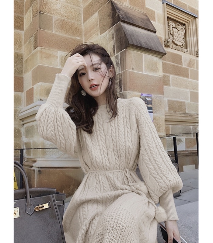 🎀Hanagirl 🇰🇷法式小香風燈籠袖針織洋裝 連身裙 長袖洋裝 W006 配毛球腰帶 | 蝦皮購物