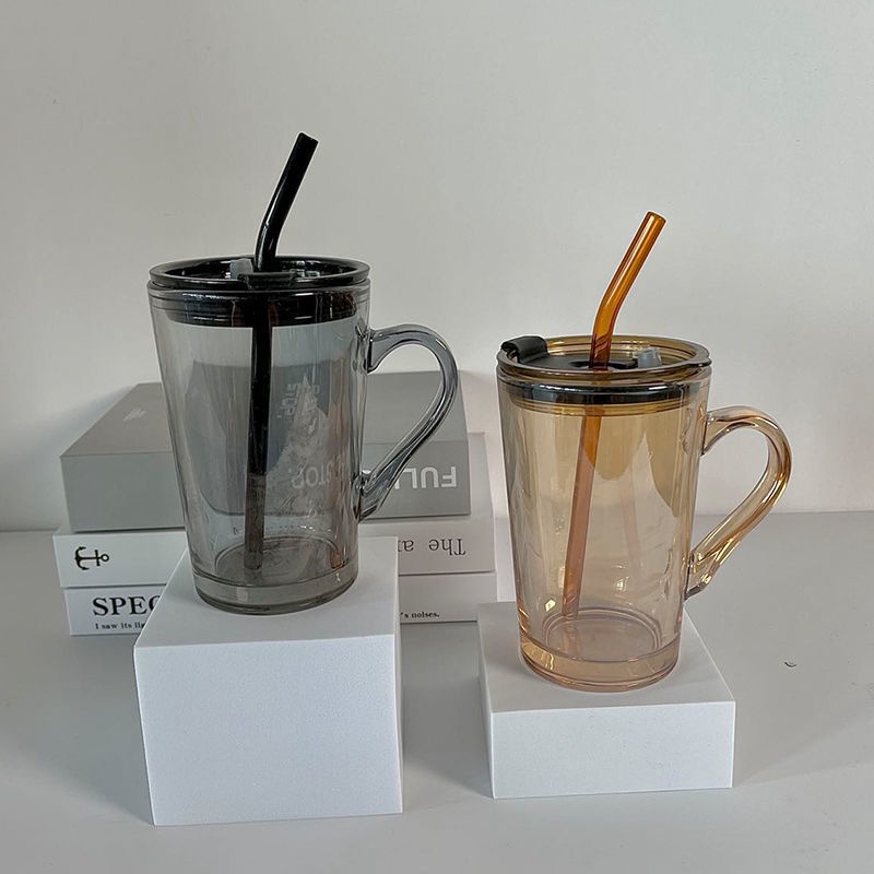 玻璃杯帶把手ins風 高顏值帶吸管杯子 450ml大容量 帶蓋帶把手 早餐牛奶杯 隨手杯 環保杯 玻璃 家用辦公室 | 蝦皮購物