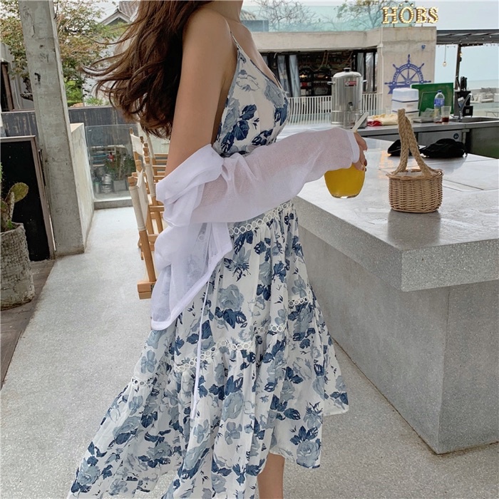 🎀 Hanagirl 正韓 海灘度假必備 長洋裝 名媛風性感露背 禮服 深玫瑰花雪紡洋裝 沙灘洋裝 I118 | 蝦皮購物