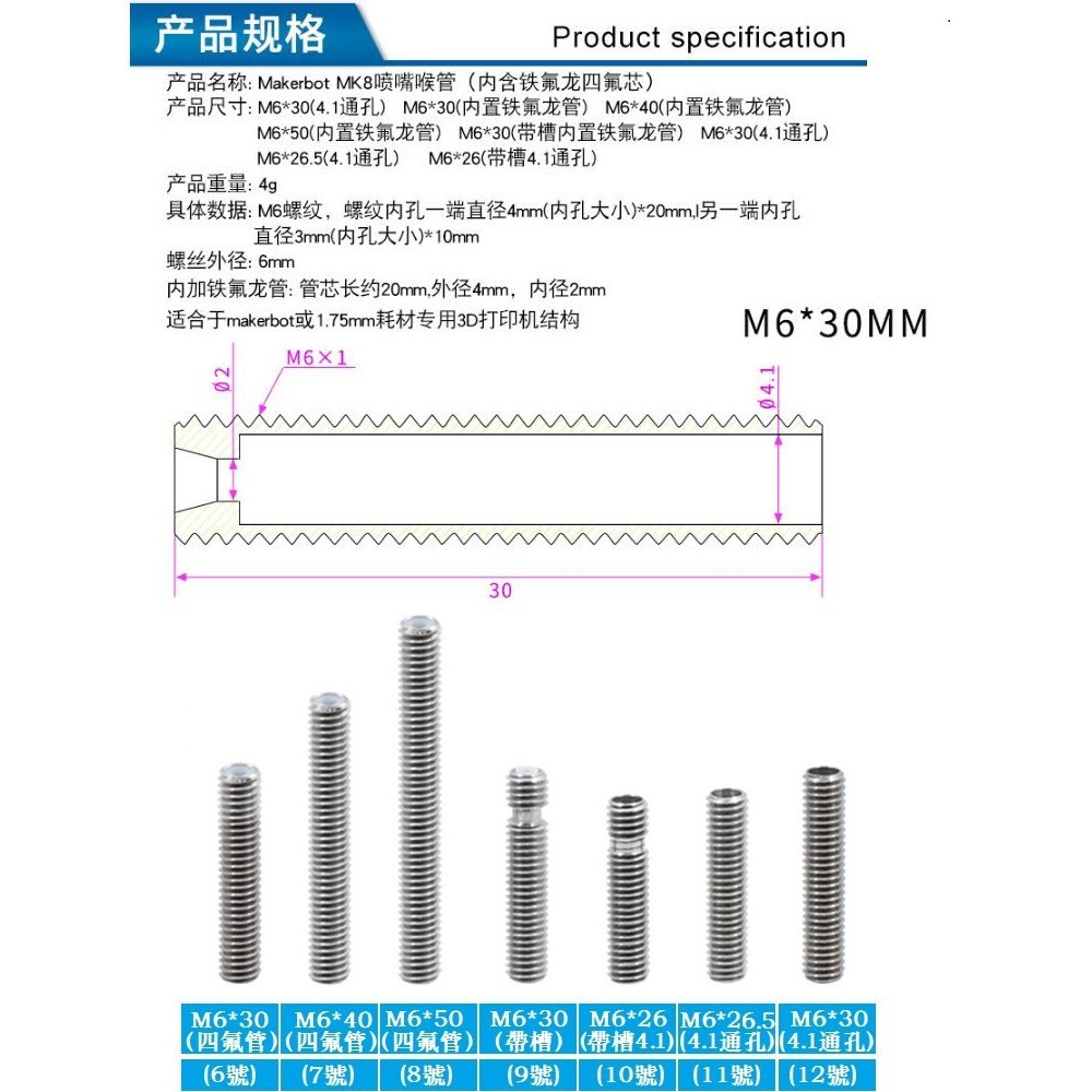 喉管 帶鐵氟龍管 進料mk8 V6 直通喉管 噴頭喉管 1.75/3/4.1mm | 蝦皮購物