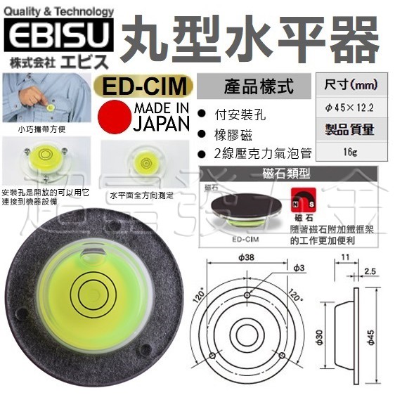 超富發五金 EBISU 丸型水平尺 附磁 360度圓型設計 ED-CIM 日本製造 壓克力 單球 水平尺 水平儀 氣泡尺 | 蝦皮購物