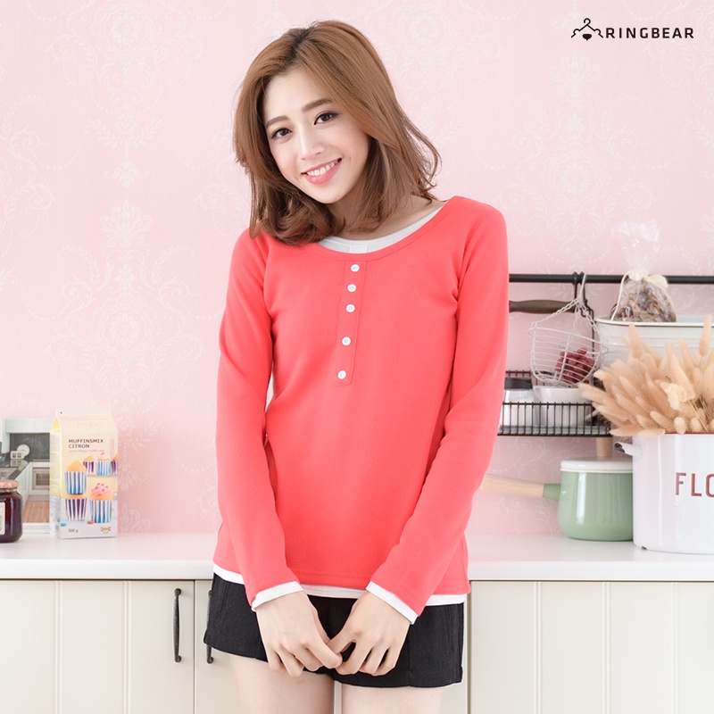 眼圈熊 中大尺碼 X176清新自然唯美享受前胸門襟排釦配色假兩件毛衣針織長袖上衣(紅XL-5L) | 蝦皮購物