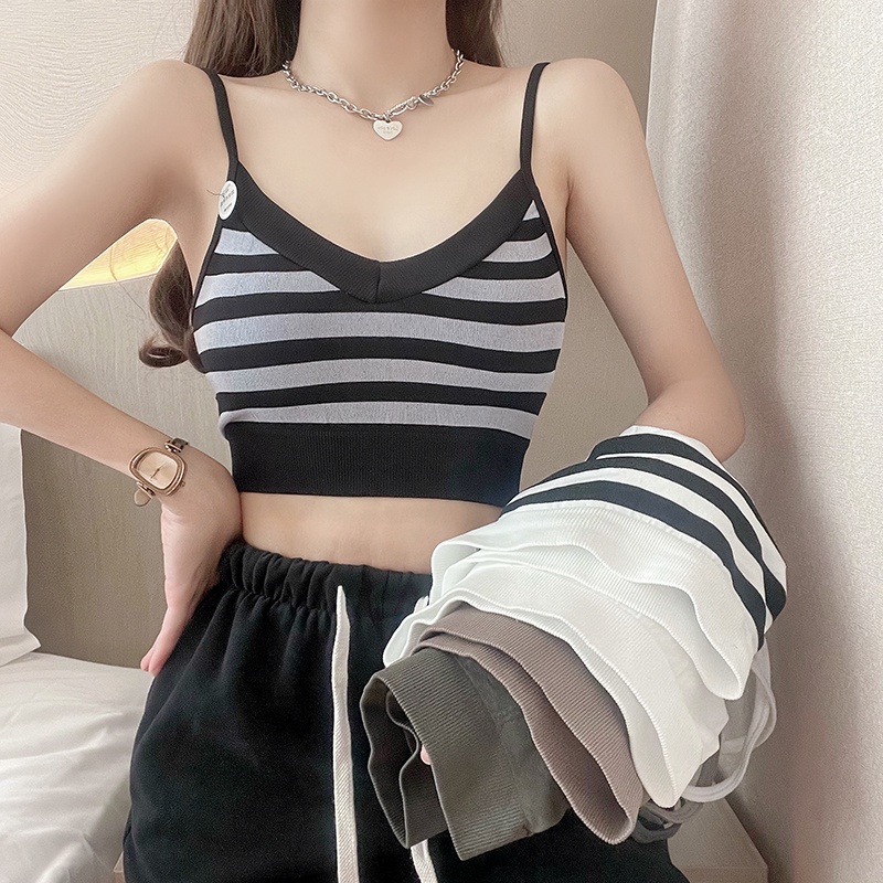 Waroom|售完不補 V079 韓系V領條紋帶胸墊短版背心|女裝|抹胸|外穿|U型美背|吊帶|內搭|辣妹|小可愛|內 | 蝦皮購物
