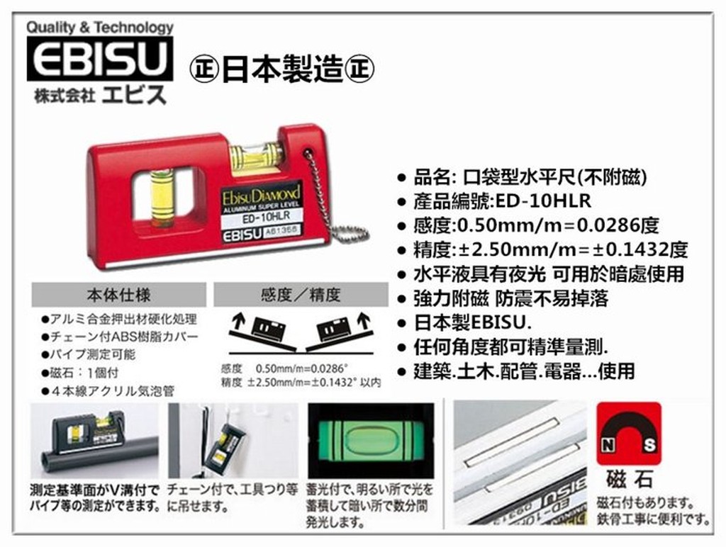 【台北益昌】㊣日本製㊣ EBISU 惠比壽 ED-10HLR 口袋型水平尺(不附磁) 精密水平尺 輕巧便利 隨身型 | 蝦皮購物