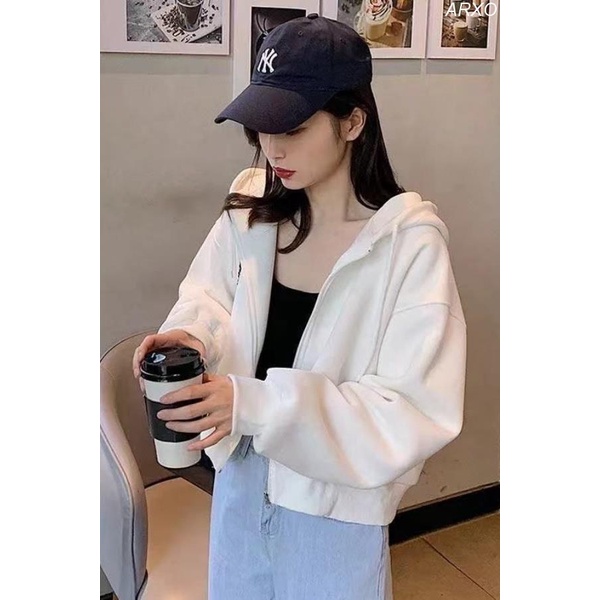 ARXO 女生外套 衛衣拉鏈外套女2022新款春秋薄款白色短款開衫連帽高腰設計感小眾 | 蝦皮購物