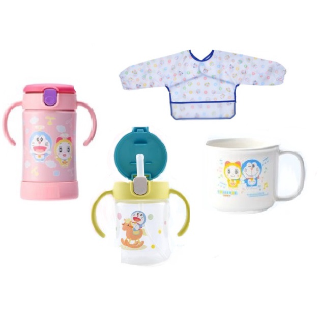 Richell 利其爾 哆啦A夢 Doraemon 聯名 不鏽鋼吸管保溫杯 單手杯 水杯 長袖防水圍兜(全新，包裝完整) | 蝦皮購物