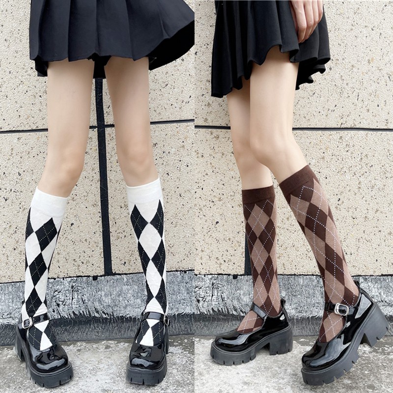 [現貨 快速出貨]復古菱格 短襪/半筒襪/格子 格紋 lolita JK 學院 cos/黑白格 咖啡格 INS | 蝦皮購物