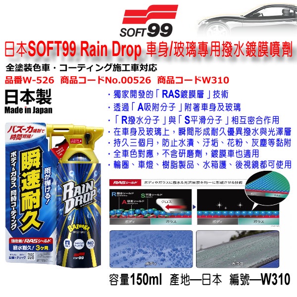和霆車部品中和館—日本SOFT99 Rain Drop 車身/玻璃用鍍膜劑 車身鍍膜劑/波璃鍍膜劑 W310 W-526 | 蝦皮購物