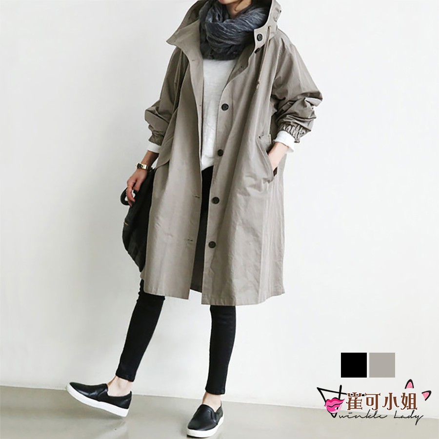 【崔可小姐】英倫風 新款 韓版 顯瘦寬鬆 連帽 防風 風衣 中長款 外套【HD0041】 | 蝦皮購物