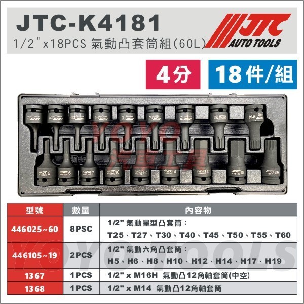 【YOYO汽車工具】JTC K4181 1/2" 氣動凸套筒組 60L 四分 4分 氣動 內 六角 6角 星型 凸 套筒 | 蝦皮購物