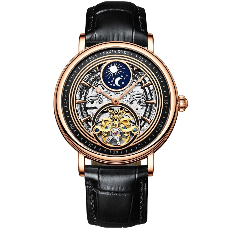RAKSA DUKE 羅薩公爵 機械錶 皮錶帶 指針式 鏤空面板 日月星辰 商務錶 質感錶 針扣式 男錶 女錶 | 蝦皮購物