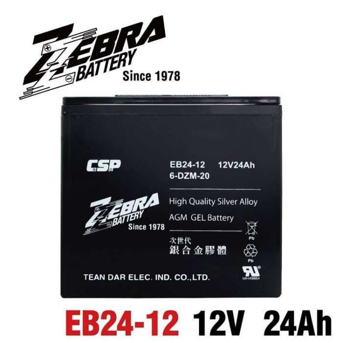 新莊【電池達人】一組2顆 ZEBRA EB24-12 6-DZM-20 電動腳踏車 深循環 電動車電池 12V24AH | 蝦皮購物