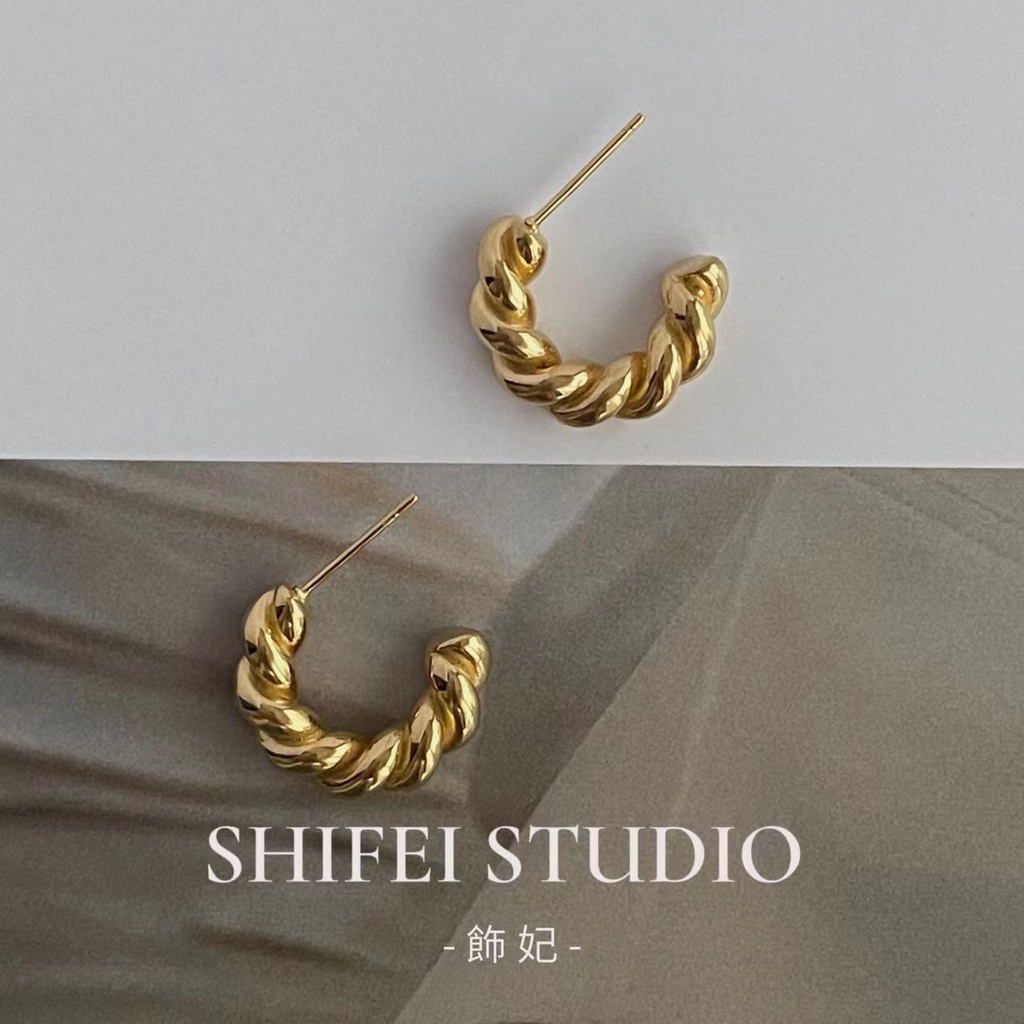 【SF】麻花螺旋形式圈環真空電鍍18K金s925銀針耳環 | 蝦皮購物