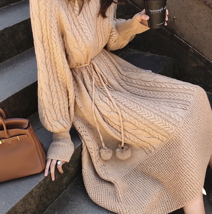 🎀Hanagirl 🇰🇷法式小香風燈籠袖針織洋裝 連身裙 長袖洋裝 W006 配毛球腰帶 | 蝦皮購物