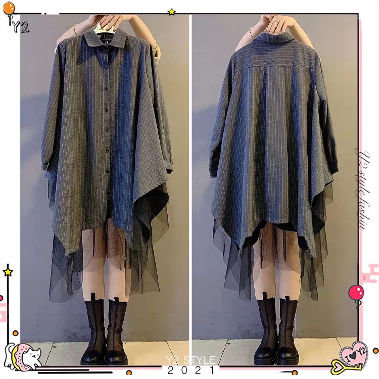 Y2 style ️不規則下擺網紗造型襯衫連衣裙 ️Y2style歐美設計款寬鬆韓版個性中大尺碼M5-2 | 蝦皮購物