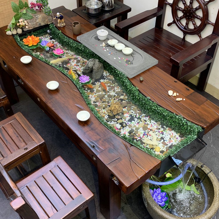 【老船木實木桌 茶桌 流水檯 功夫茶几 禪意桌】老船木茶桌椅組合流水茶臺創意功夫茶幾簡約實木茶桌禪意循環養魚 | 蝦皮購物