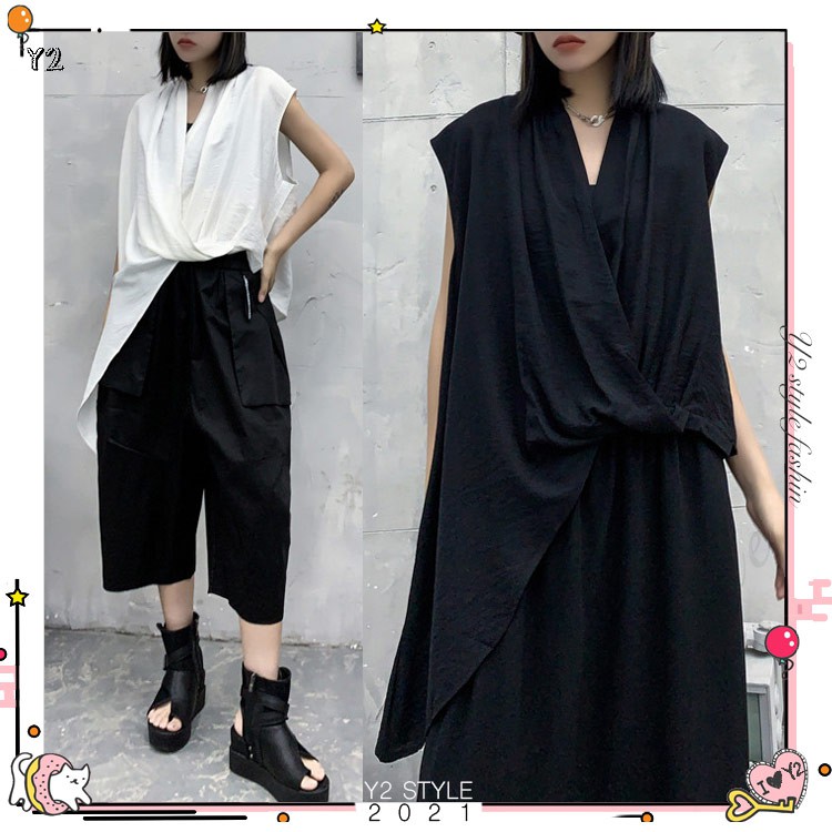 Y2 style ️（現貨）大V領 不規則下擺抓皺顯瘦上衣 ️Y2style歐美設計款寬鬆暗黑個性韓版【E31339】 | 蝦皮購物