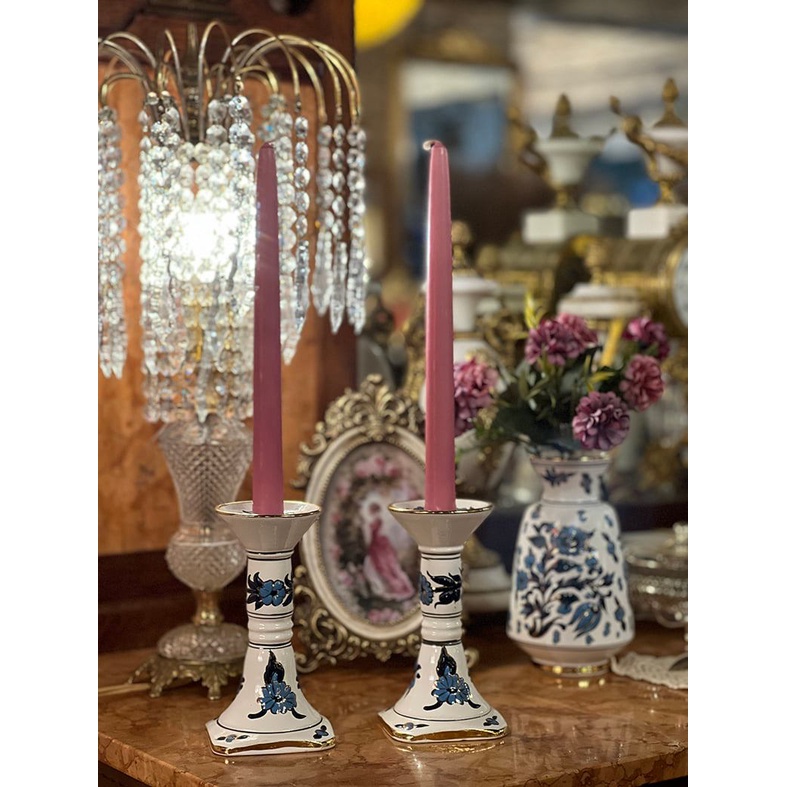 #19世紀 希臘手工手繪琺瑯陶瓷22k金邊燭台一對 #522008 | 蝦皮購物