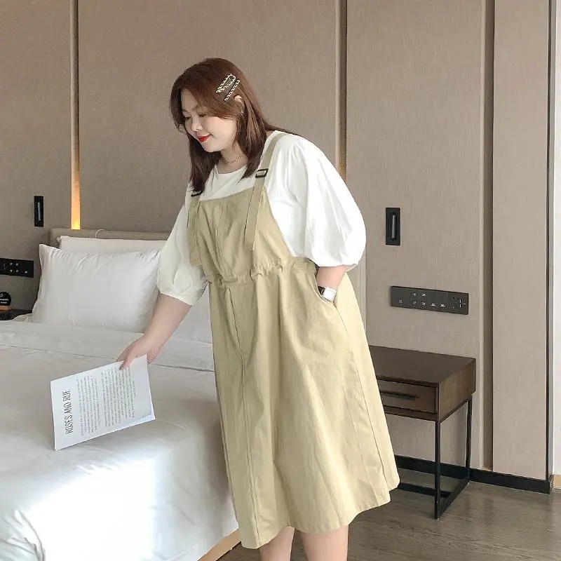 3XL~9XL 大尺碼 女生短袖套裝 遮肉顯瘦 短袖T恤+揹帶裙 兩件套 學院風 時尚百搭 疊穿 遮肚洋裝 ins潮 | 蝦皮購物