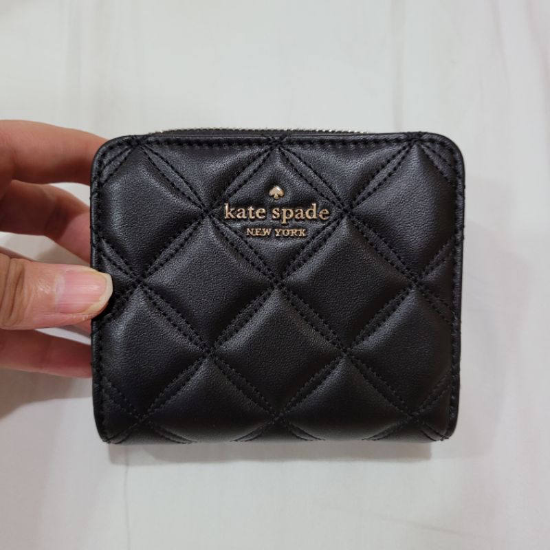 小香風Kate spade黑色菱格紋牛皮短夾 | 蝦皮購物