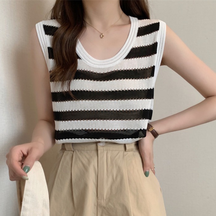 Waroom|售完不補 S57條紋針織鏤空背心/短袖|洞洞背心|外穿辣妹|吊帶背心|針織背心|設計感|馬甲|洞洞|無袖 | 蝦皮購物