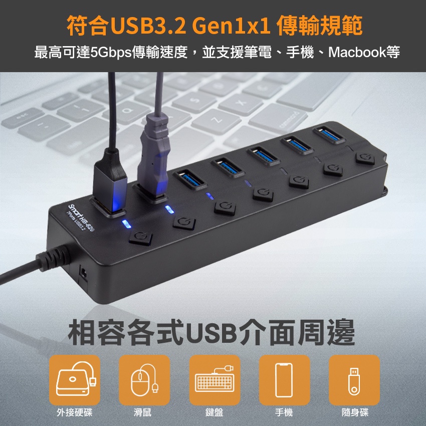 【Intopic】HB-620 7埠 USB3.2 高速 集線器 USB HUB 七孔獨立開關 擴充 | 蝦皮購物