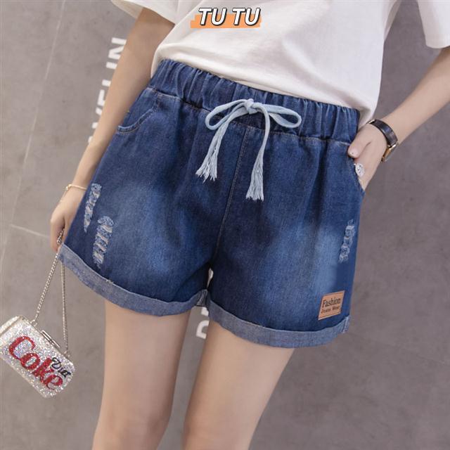 S-7XL 大尺碼短褲 高腰破洞牛仔短褲 牛仔褲 短褲 200斤夏季胖mm加肥加大碼女裝松緊腰闊腿寬松破洞牛仔褲女短褲潮 | 蝦皮購物
