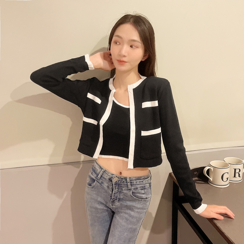 小香風撞色兩件套上衣【3031 】Sandy33女裝批發秋冬新款韓系INS休閒百搭氣質性感網紅撞色短版長袖 兩件式套裝 | 蝦皮購物