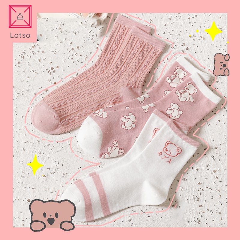 LOTSO SOCKS 可愛日系甜美粉色萌少女 小熊襪 長襪女學生棉襪長筒 #00G054 | 蝦皮購物