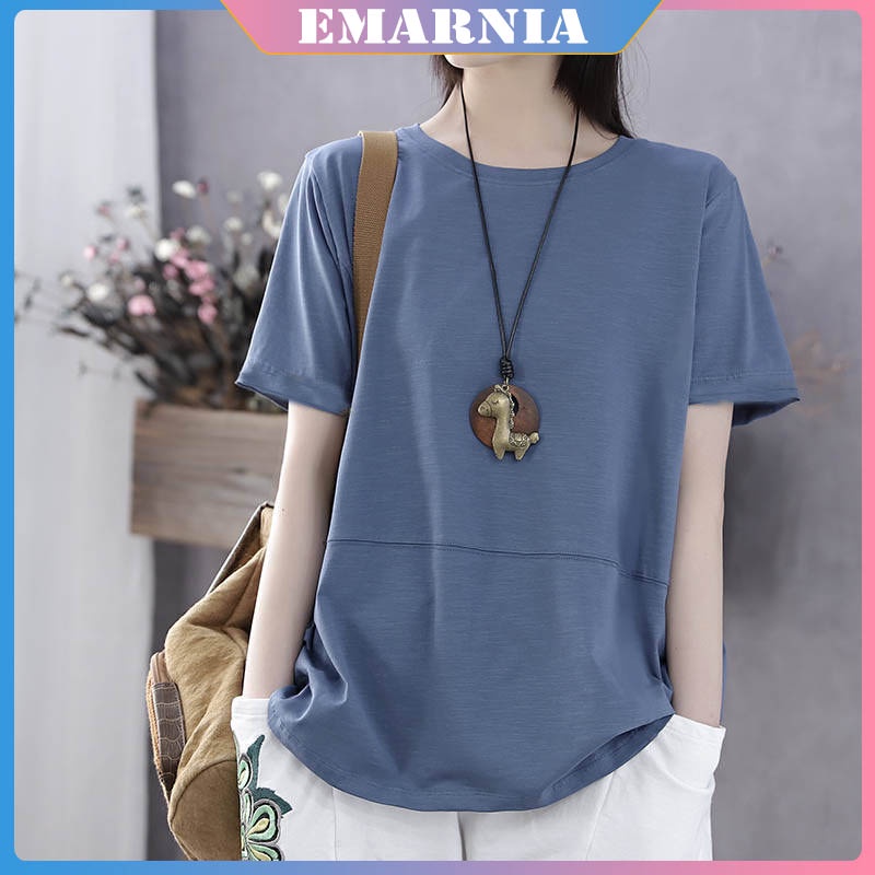 ️EMARNIA蜜桃微胖少女 ️新款M~4XL大尺碼素色素T恤女 韓版日系藝文復古清新短袖 ins簡約百搭寬鬆顯瘦大尺 | 蝦皮購物