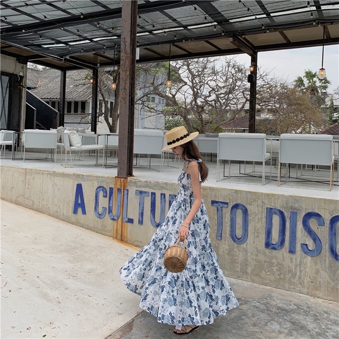 🎀 Hanagirl 正韓 海灘度假必備 長洋裝 名媛風性感露背 禮服 深玫瑰花雪紡洋裝 沙灘洋裝 I118 | 蝦皮購物