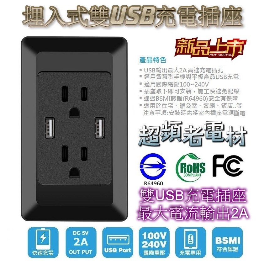《151B》全電壓埋入式2A 雙USB插座 充電插座 接地插座 智慧充電 美式插座 USB充電器 牆壁插座 BSMI認證 | 蝦皮購物