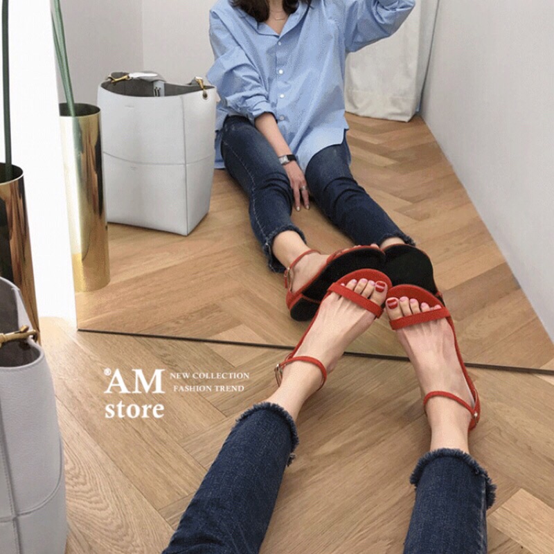 簡約舒適磨砂絨面一字繫帶平底涼鞋-4色 AMstore | 蝦皮購物