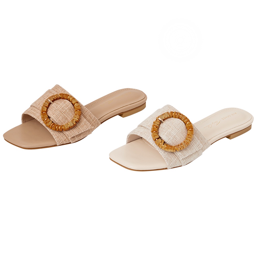 AIR SPACE 【IRIS聯名】夏日木環編織平底拖鞋(杏/米白) 女鞋 | 蝦皮購物